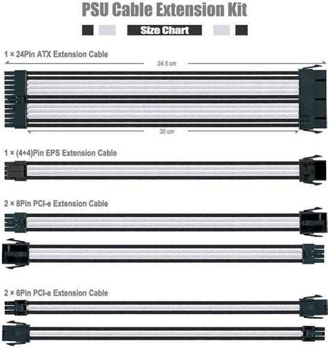 PSU Cable Extensions Kit 30CM Length With Cable Combs Extension Power Supply Sleeved Cable Kit