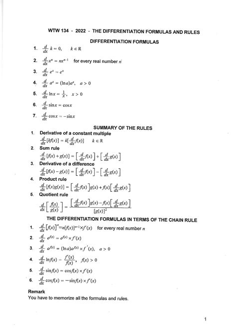Diff Formulas And Rules WTW 134 Studocu