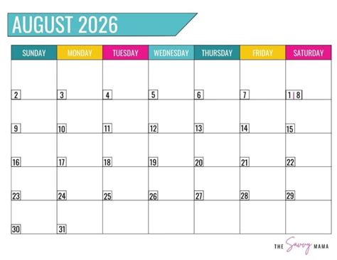 Best Free Printable August 2026 Monthly Calendar For Organization