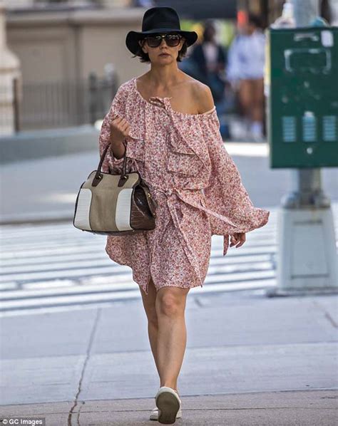 Katie Holmes Flashes One Naked Shoulder While Modeling Dress In Nyc Daily Mail Online
