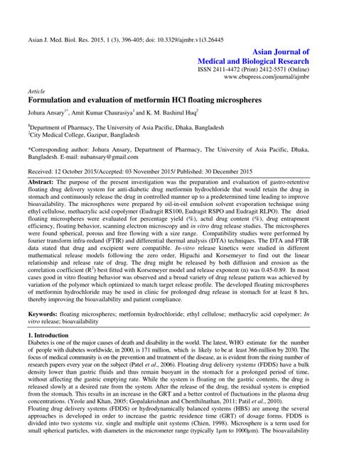 Pdf Formulation And Evaluation Of Metformin Hcl Floating Microspheres