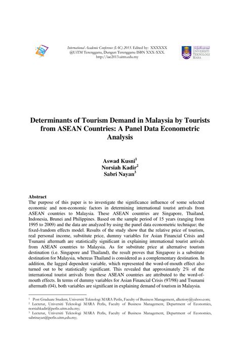 Pdf Determinants Of Tourism Demand In Malaysia By Tourists From Asean