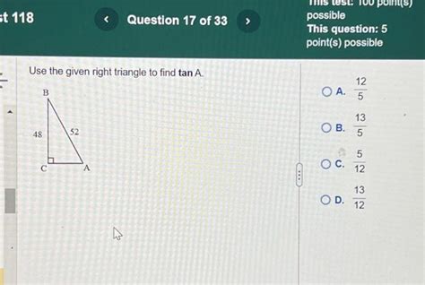 Solved Use The Given Right Triangle To Find TanA Chegg