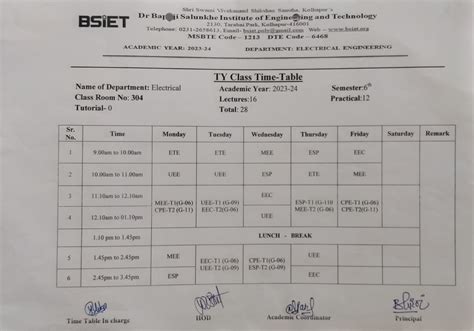 Timetable Department Of Electrical Engineering