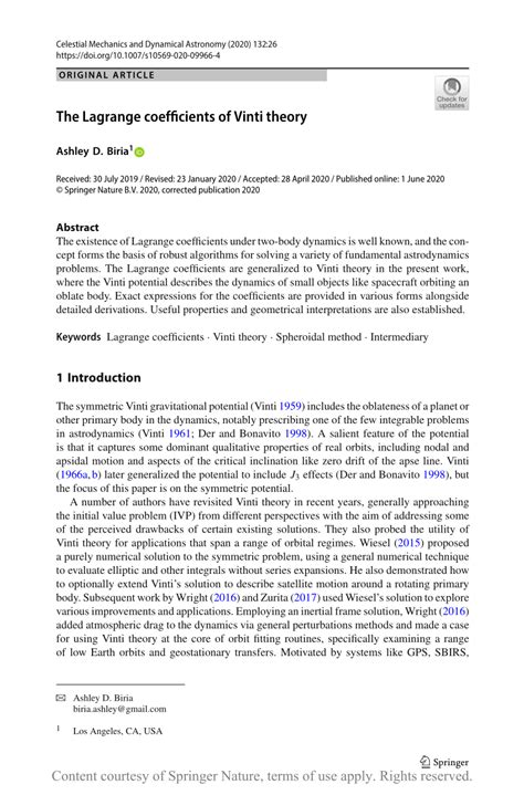 the lagrange coefficients of vinti theory request pdf
