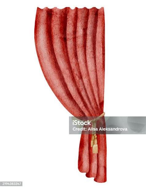 황금 술로 묶인 빨간 커튼의 수채화 그림 극장 그림 배경 또는 배경에 대한 드레이프 공연 또는 서커스 쇼를 위한 직물 예술 0명에 대한 스톡 벡터 아트 및 기타 이미지