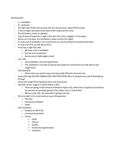 Noter Til Vq Mismatch V Q Mismatch V Ventilation Q Perfusion The Right Side Of The Heart