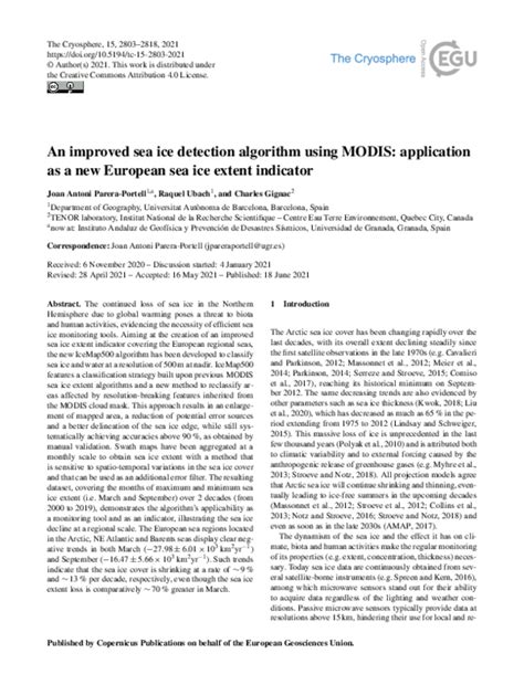 Pdf An Improved Sea Ice Detection Algorithm Using Modis Application