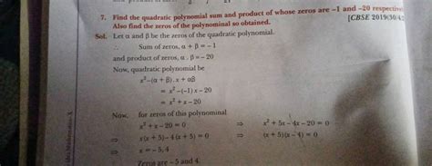 7 Find The Quadratic Polynomial Sum And Product Of Whose Zeros Are 1 An