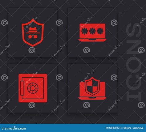 Set Laptop Protected With Shield Incognito Mode Password And Safe Icon Vector Stock Vector