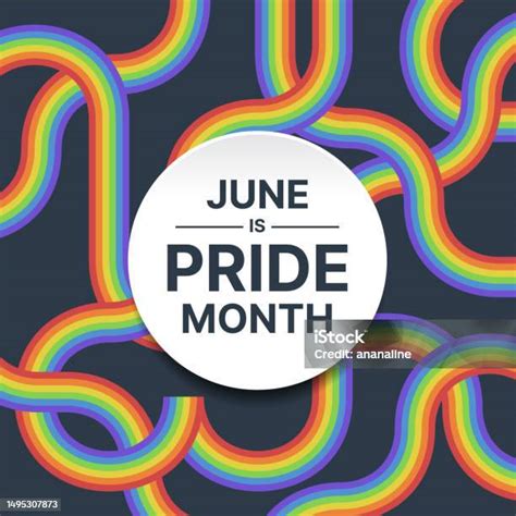 6월은 추상적인 선 곡선에 있는 프라이드의 달 텍스트 흰색 원 배너와 어두운 배경 벡터 디자인에 십자가 무지개 프라이드 플래그