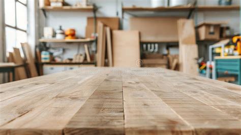 empty wooden workbench in a well equipped workshop with natural light