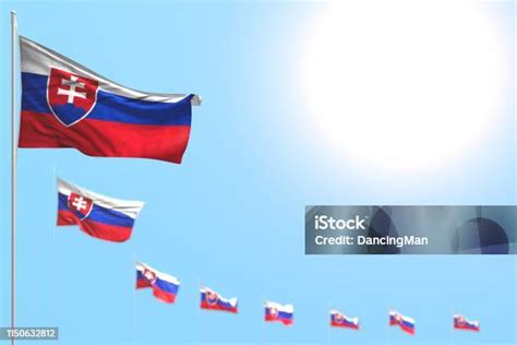 꽤 많은 슬로바키아 플래그는 텍스트에 대 한 소프트 초점과 빈 공간 대각선 배치어떤 잔치 국기 3d 그림 0명에 대한 스톡 사진