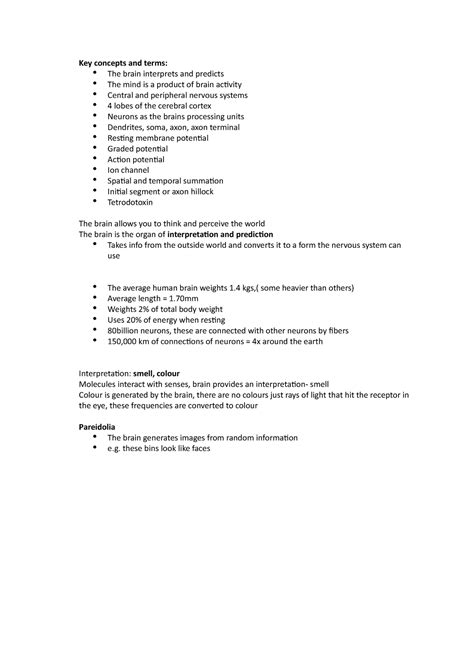 Neurons Psyc Psyc Nerons Lecture Notes Key Concepts And Terms The Brain Interprets And