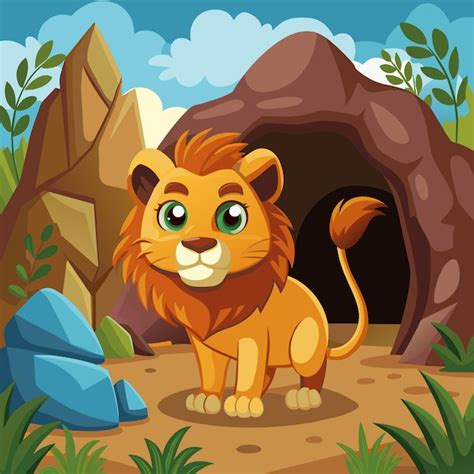 A Cartoon Of A Lion In A Cave With A Lion On The Top Premium Ai