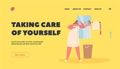 그녀의 얼굴 랜딩 페이지 템플릿의 여성 캐릭터 관리 목욕 수건에 싸인 매력적인 젊은 여자 명랑한에 대한 스톡 벡터 아트 및 기타