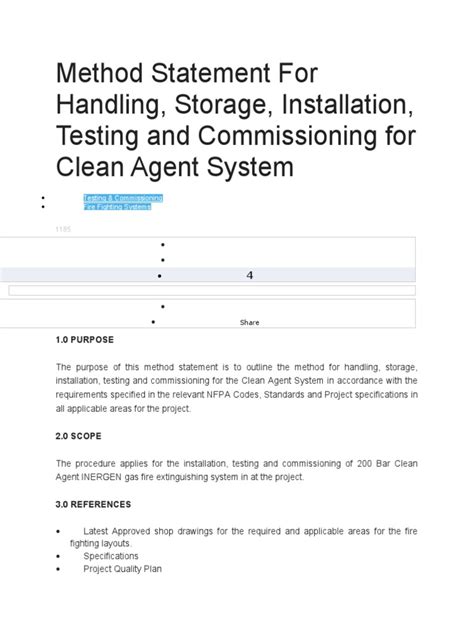 Method Statement For Handling Storage Installation Testing And Commissioning For Clean Agent