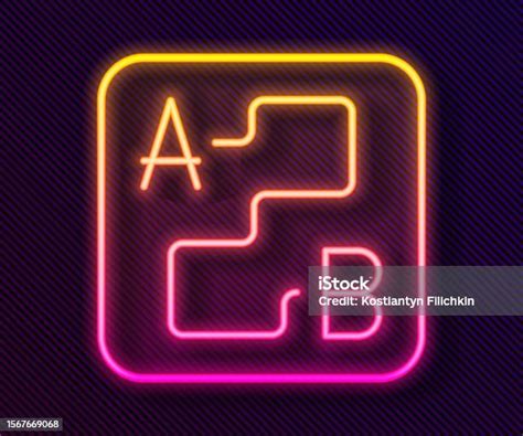 검은 색 배경에 격리 된 빛나는 네온 라인 경로 위치 아이콘 맵 포인터 기호입니다 경로 또는 도로의 개념 Gps 네비게이터 벡터 3차원 형태에 대한 스톡 벡터 아트 및 기타