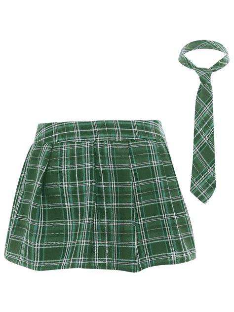 Eandarui Womens Plaid Pleated Mini Skater Skirt With Necktie High