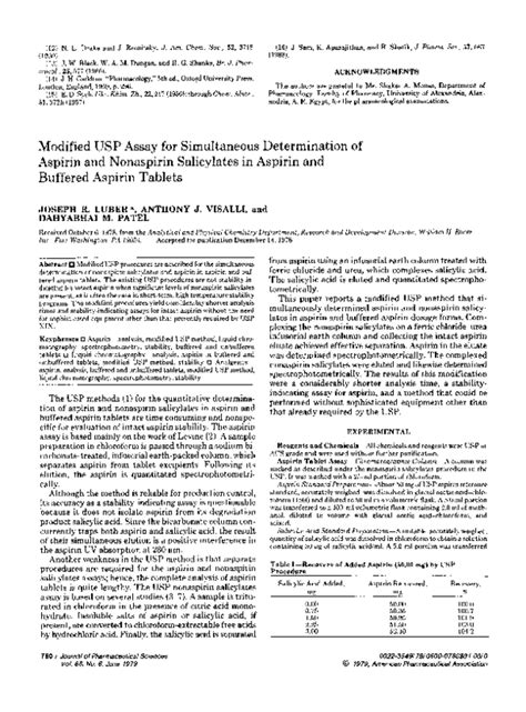 Pdf Modified Usp Assay For Simultaneous Determination Of Aspirin And