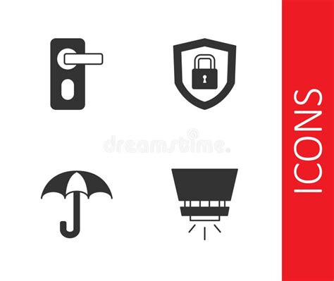 Set Fire Sprinkler System Fingerprint Door Lock Umbrella And Shield Security With Icon Vector