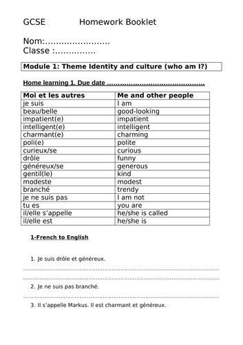 Module 1 Edexcel French Homelearning Gcse Teaching Resources