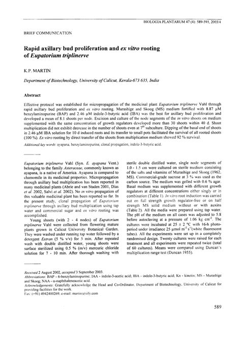 Pdf Rapid Axillary Bud Proliferation And Ex Vitro Rooting Of