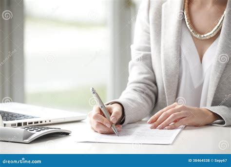 Close Up Of Businesswoman Fill A Form Stock Photo Image Of Indoors Female