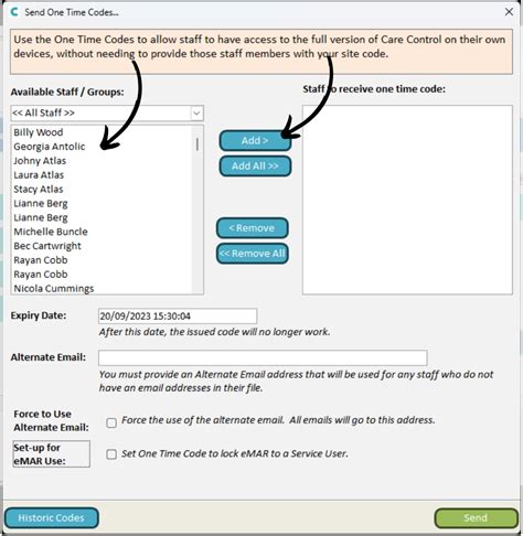 Setting Up One Time Codes Care Control Learning Hub