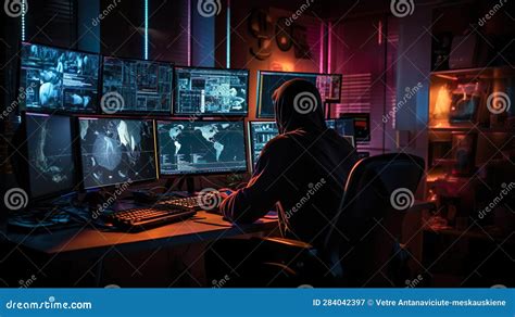 unrecognizable man sitting against computer monitors in dark room of