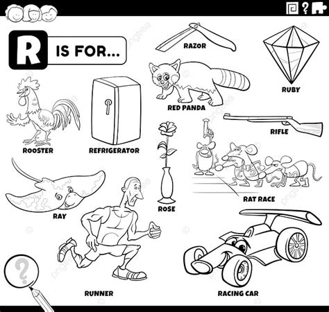 문자 R 색칠하기 책 페이지에 설정된 만화 캐릭터와 개체가 있는 어린이를 위한 흑백 교육 만화 그림 템플릿 Psd 다운로드 디자인 자료 다운로드
