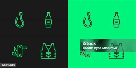세트 라인 낚시 재킷 스위스 군용 칼 후크 및 보드카 아이콘 한 병 벡터 강철에 대한 스톡 벡터 아트 및 기타 이미지 강철 건강관리와 의술 검은색 Istock