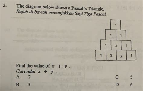Solved 2 The Diagram Below Shows A Pascals Triangle Rajah Di Bawah