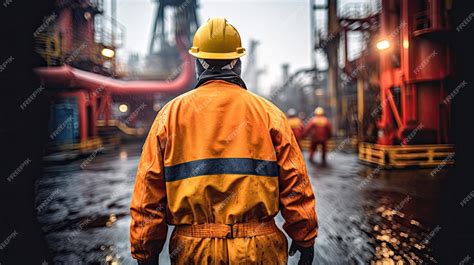 Premium Ai Image Man From Behind Wearing Oil And Gas Safety Ppe Facing Container Cargo