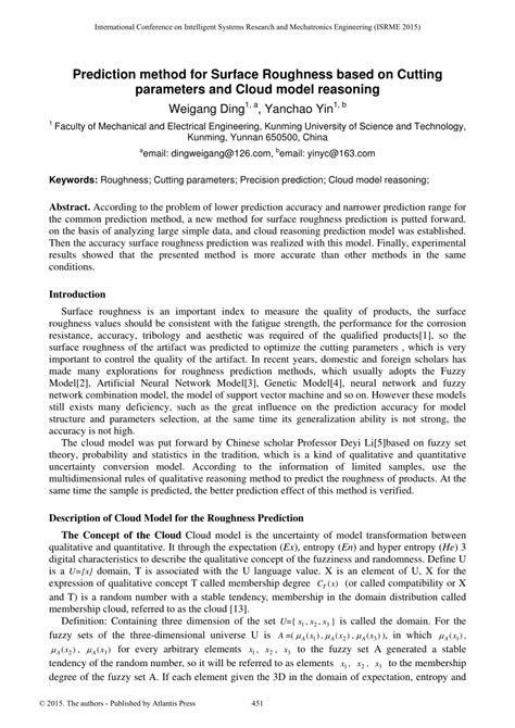 Pdf Prediction Method For Surface Roughness Based On Cutting Parameters And Cloud Model Reasoning