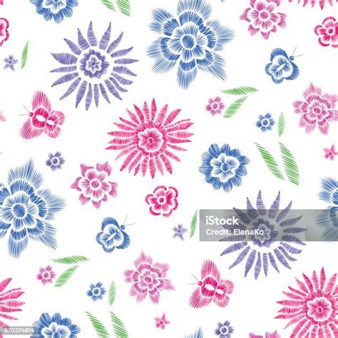 환상의 꽃 잎 Вutterfly와 꽃 원활한 배경 패턴입니다 라인 아트입니다 자 수 꽃입니다 벡터 일러스트입니다 0명에 대한 스톡 벡터 아트 및 기타 이미지 Istock