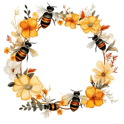 Bee And Floral Circle Frame Color Png Illustration Beauty Bee