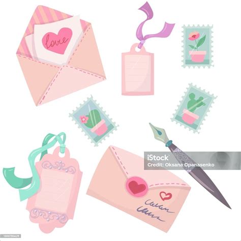 발렌타인 데이에 대한 항목세트 고백의 편지와 편지를 사랑해요 흰색 배경에 고립 된 만화 스타일 벡터 일러스트레이션에 그려진