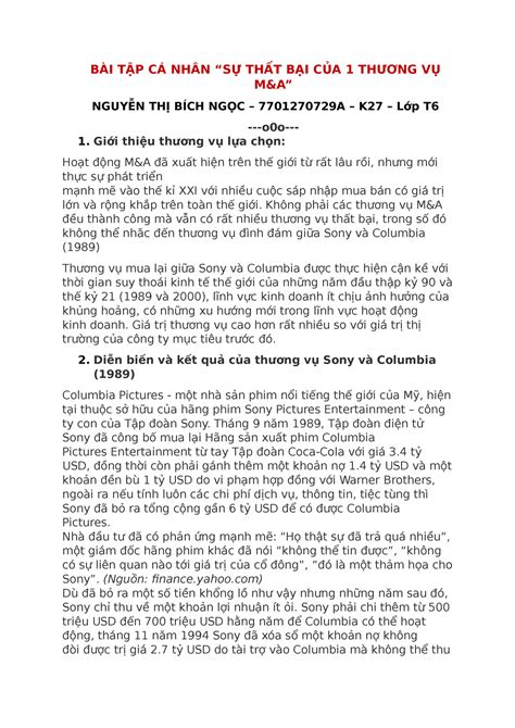 Baitap lms k27 lop t6 nguyen thi bich ngoc - BÀI TẬP CÁ NHÂN “SỰ THẤT BẠI CỦA 1 THƯƠNG VỤ M&A ...