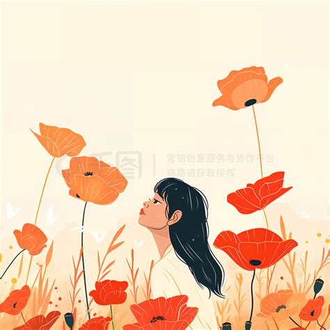 虞美人花田里的亚洲小女孩扁平插画背景ai背景免费下载 png格式 2784像素 编号70224652 千图网