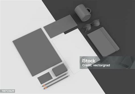 그래픽 디자이너 프리젠 테이션 및 포트폴리오에 대한 흑백 배경에 Id를 브랜딩하기위한 기본 회색 문구 모형 템플릿 3d 렌더링 3차원 형태에 대한 스톡 사진 및 기타 이미지