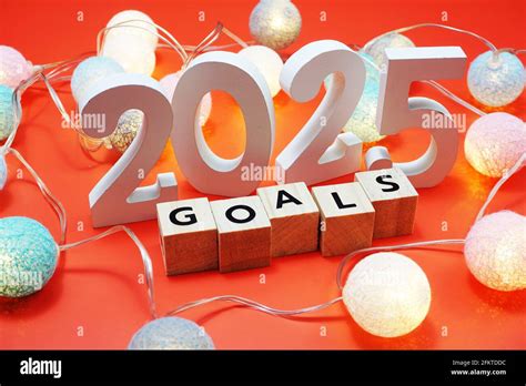 2025 Goals Alphabet Letters With Space Copy On Red Background Stock
