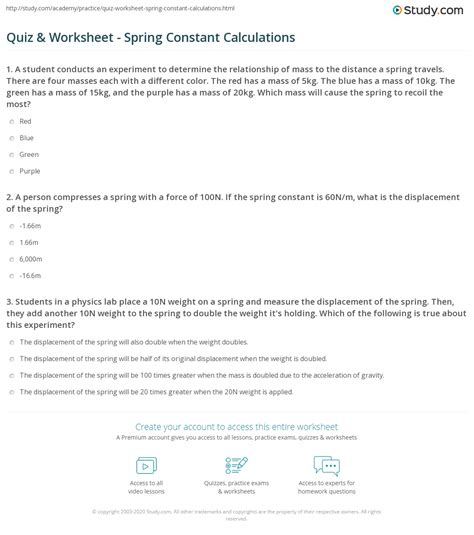 Quiz And Worksheet Spring Constant Calculations