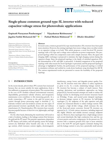 Pdf Single‐phase Common Ground Type 5l Inverter With Reduced Capacitor Voltage Stress For