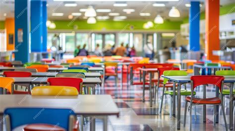 Premium Photo Modern And Organized School Cafeteria With Colorful