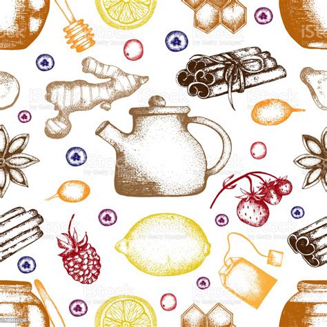 손으로 그린 꿀과 차는 허브와 향신료 원활한 패턴입니다 상세한 복고풍 스타일의 반복 용지 라벨 포장 섬유 및 카드 디자인을 위한 빈티지 스케치 배경 허브 티 프린트 검은색에