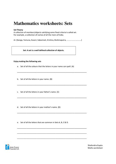 Math Worksheet Sets And Set Theory By Shailendra Gupta Worksheets Library