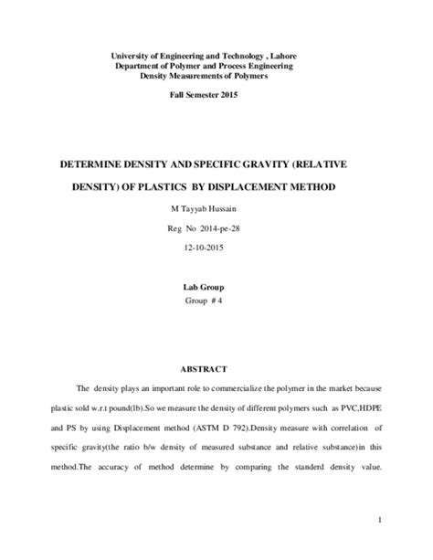 Pdf Determine Density And Specific Gravity Relative Density Of Plastics By Displacement Method