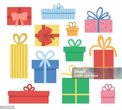 리본으로 귀여운 선물의 벡터 세트 재미있는 생일 이나 크리스마스 선물 상자 컬렉션 아이들을위한 밝은 휴일 그림 흰색 배경에 고립 된 쾌활한 축하 아이콘 0명에 대한 스톡