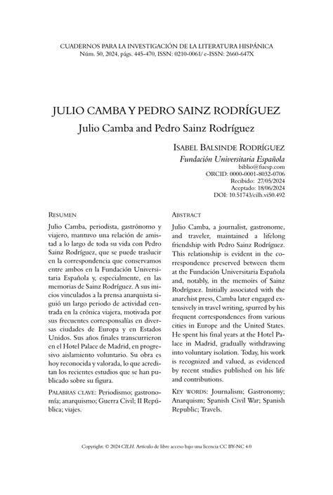 Pdf Julio Camba Y Pedro Sainz Rodríguez
